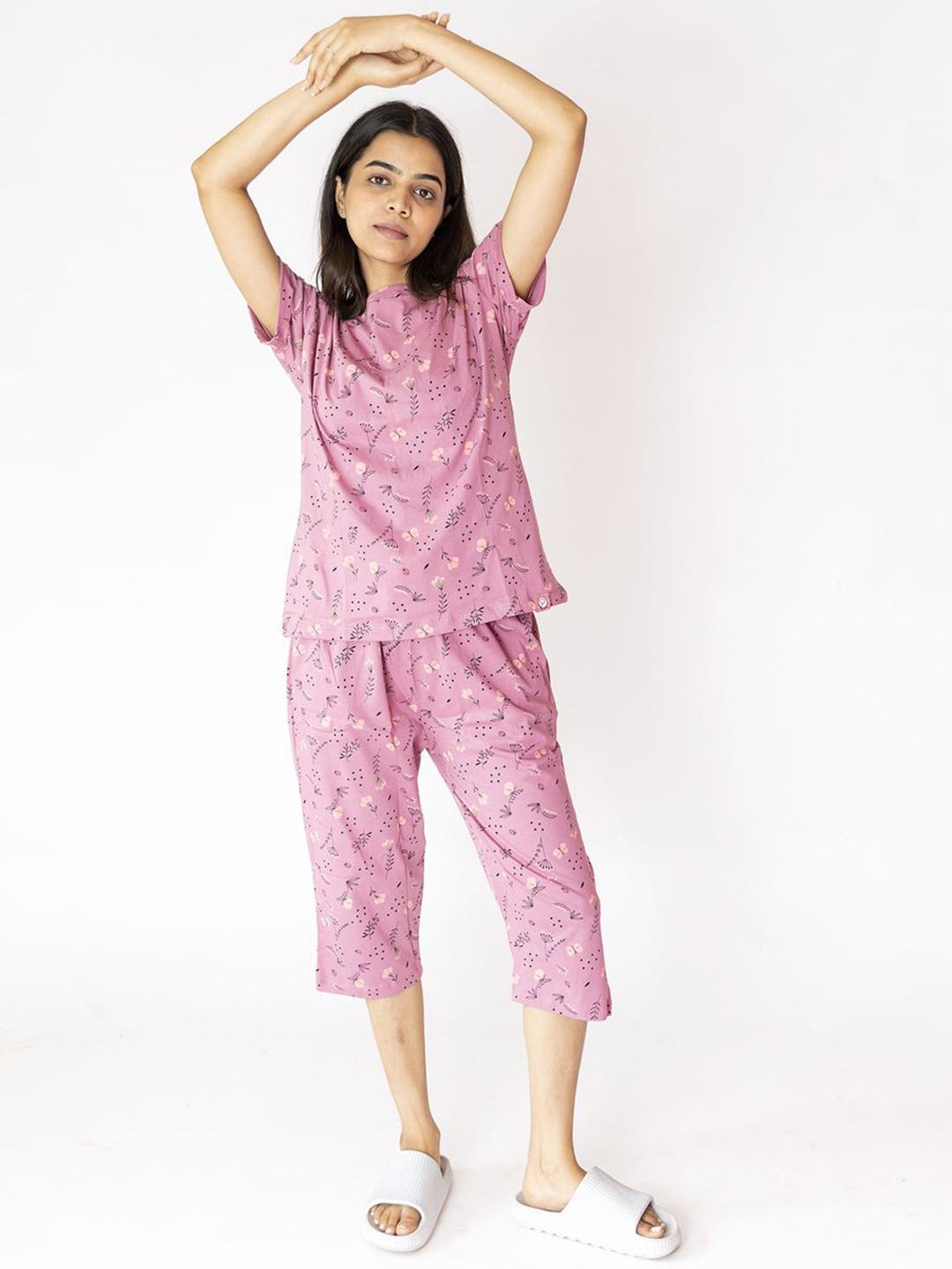 Buy LABEL MY Women Pink Floral Printed Cotton Capris Set - Night Suits ...