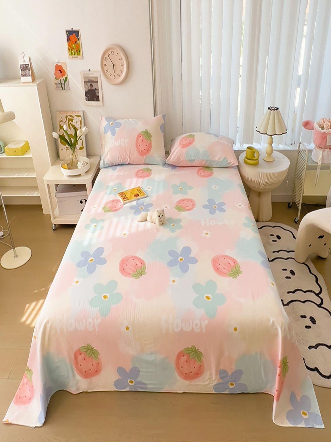 Buy JC HOME Pink Floral Pure Cotton 220 TC Double Fine Bedsheet With A ...