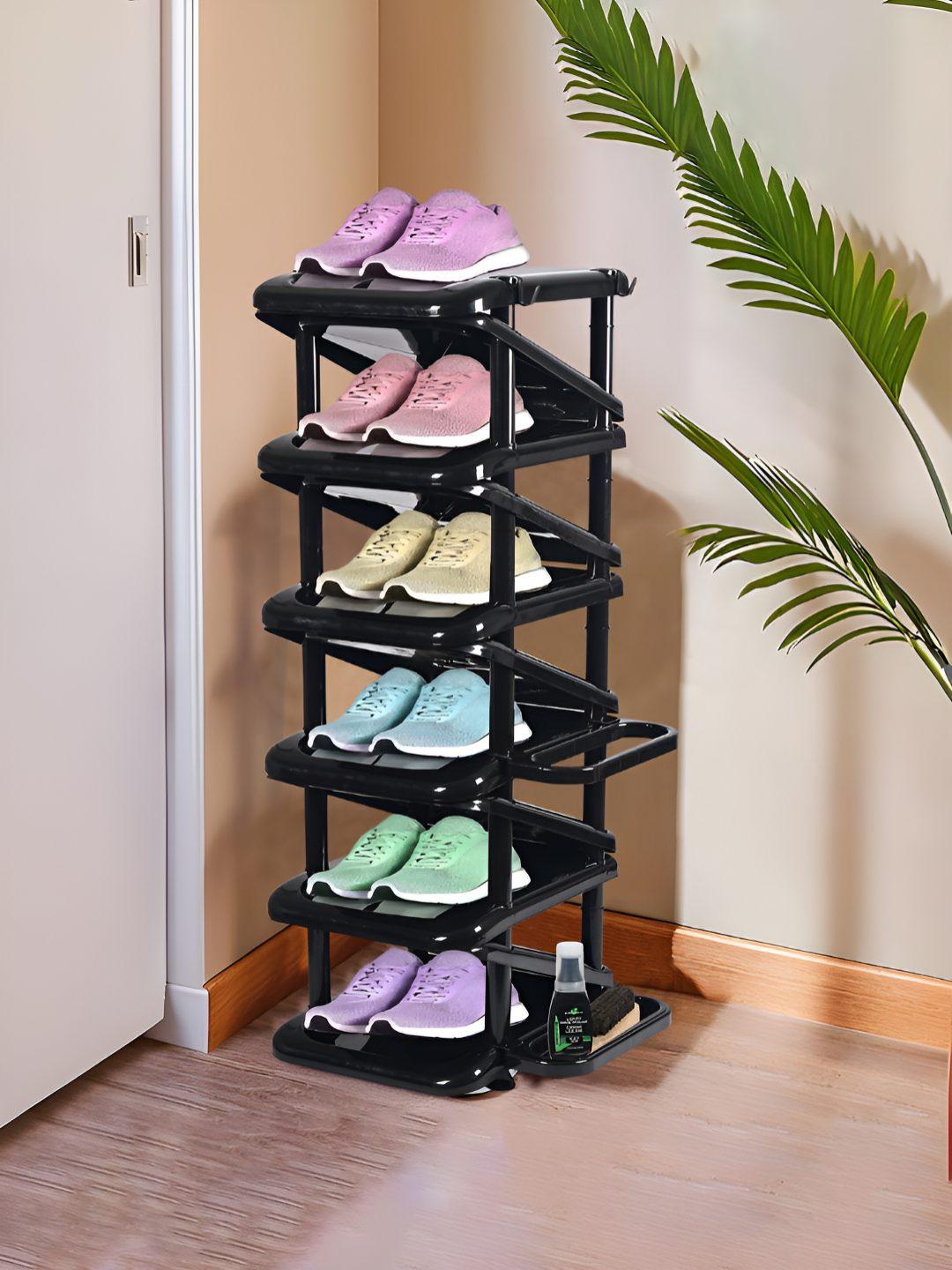 Buy Kuber Industries Black Foldable 6 Tier Shoe Stand With Side Hooks ...