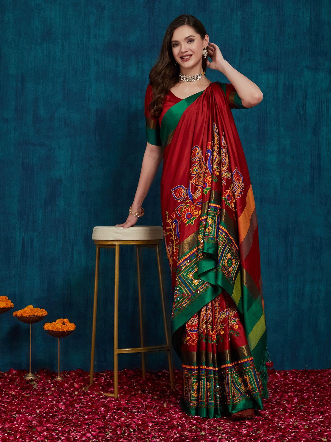Buy KAVINDI Women Red & Green Ethnic Motifs Embroidered Banarasi Saree ...