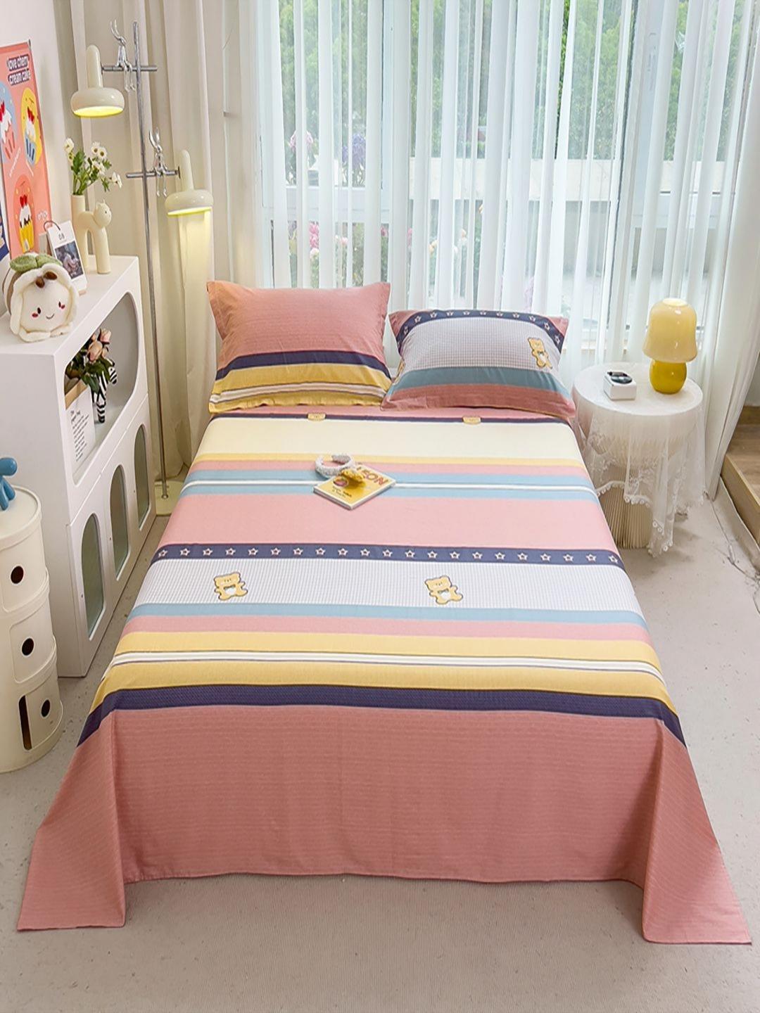 Buy JC HOME Pink Striped Cotton 220 TC Single Fine Bedsheet With 2 ...