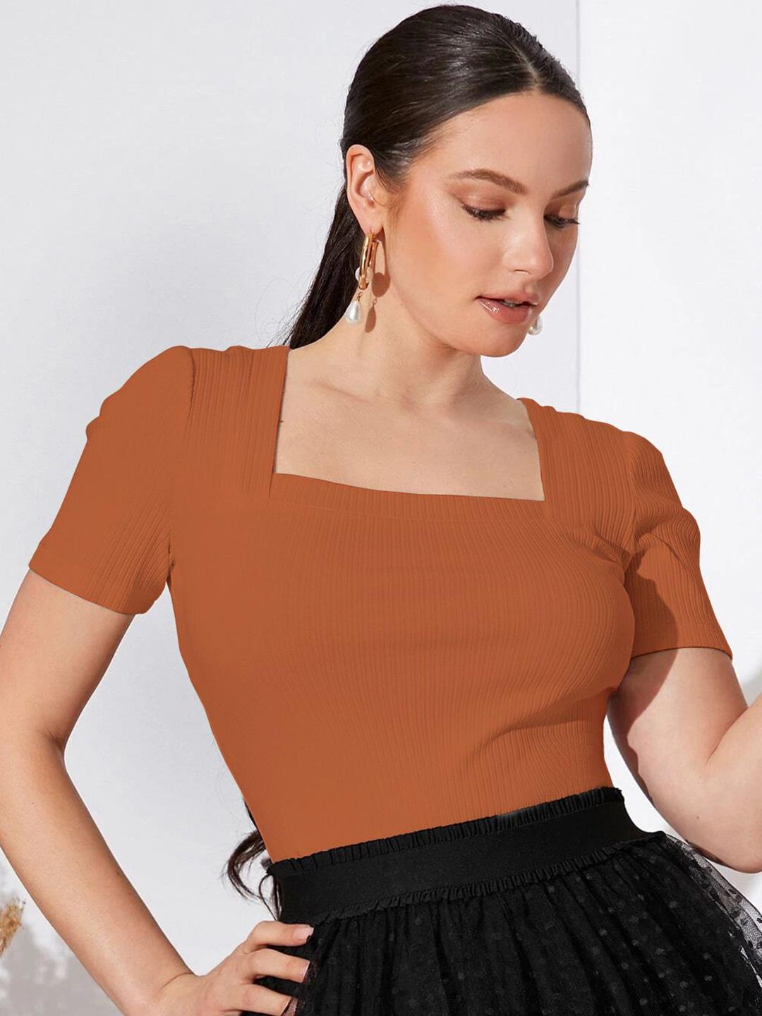 Buy Sugathari Women Ribbed Square Neck Fitted Top - Tops for Women ...