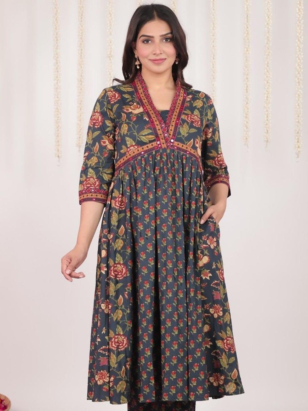 Buy Aramya Floral Printed V Neck Empire Pure Cotton Anarkali Kurta ...