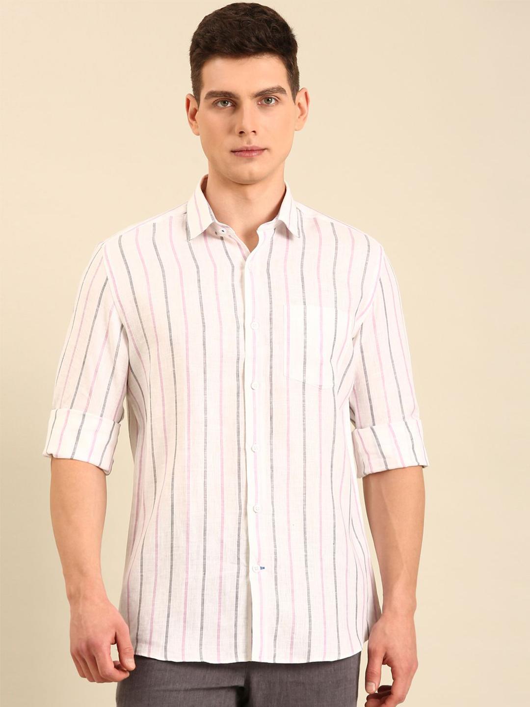 Buy Linen Club Classic Contemporary Slim Fit Striped Pure Linen Casual ...