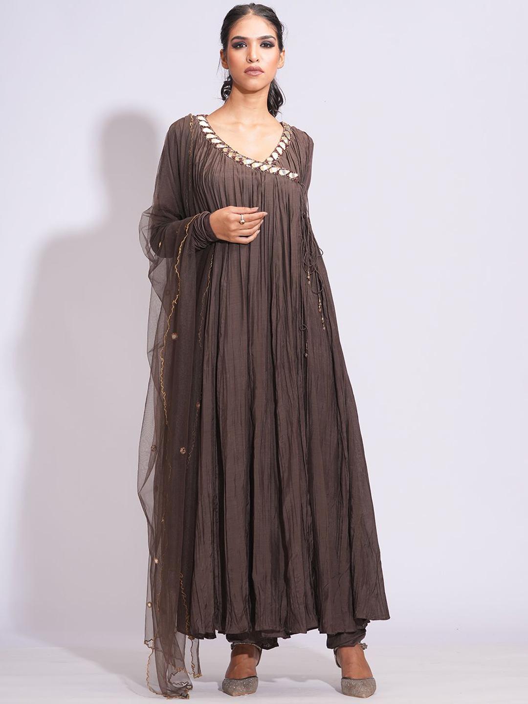 Buy Shruti S Angrakha V Neck Mirror Work Pure Cotton Anarkali Kurta ...