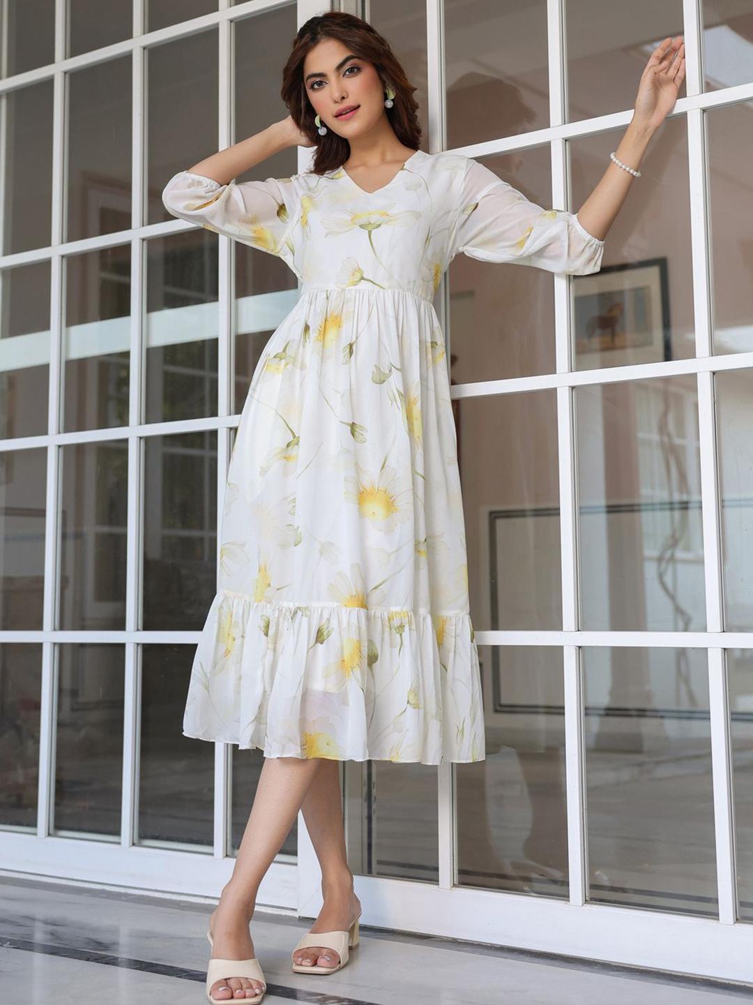 Buy Janasya Women White Georgette Floral Printed Tiered Dress - Dresses ...