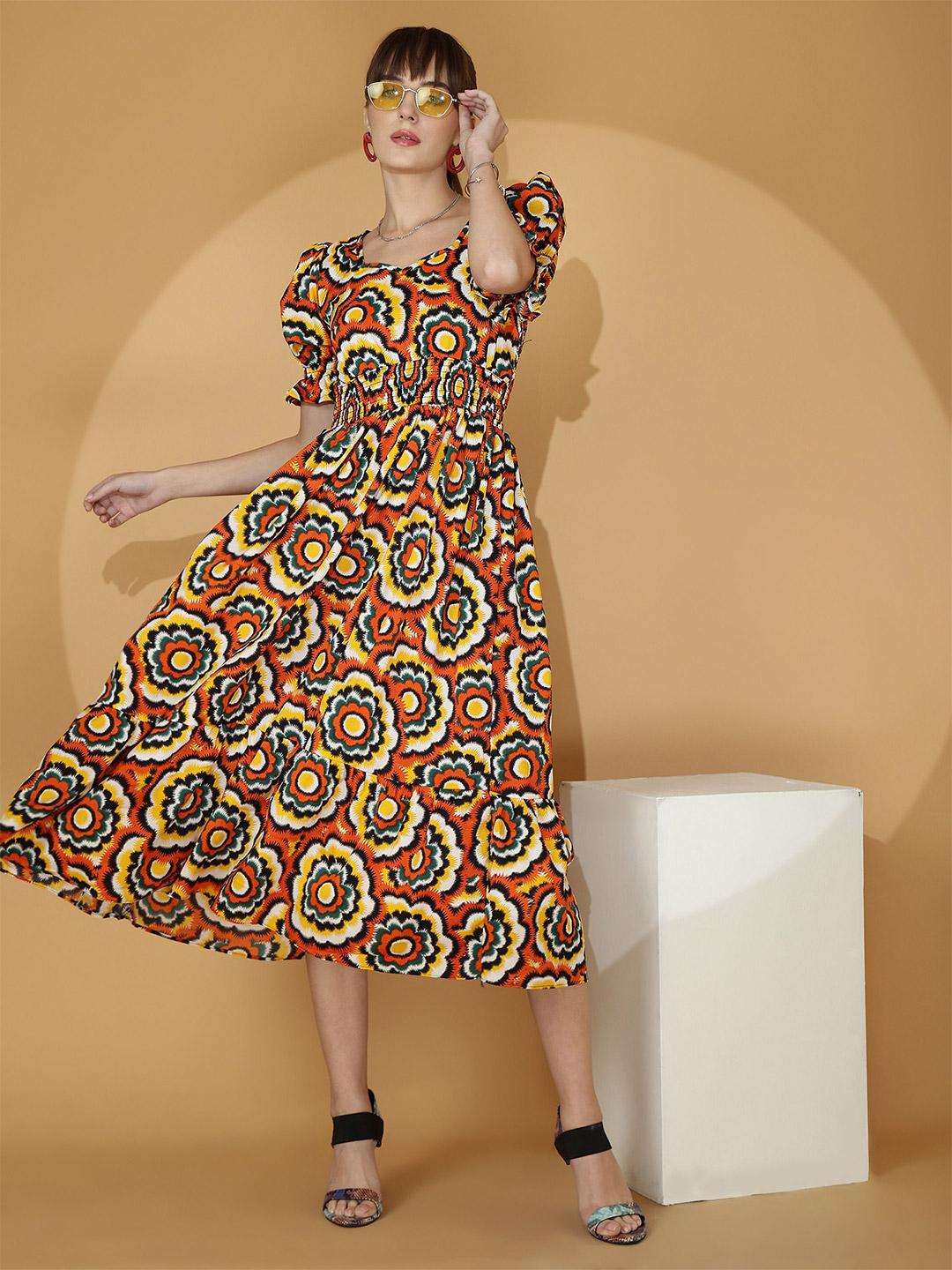Buy De La Moda Floral Print Puff Sleeve Crepe Fit & Flare Midi Dress ...