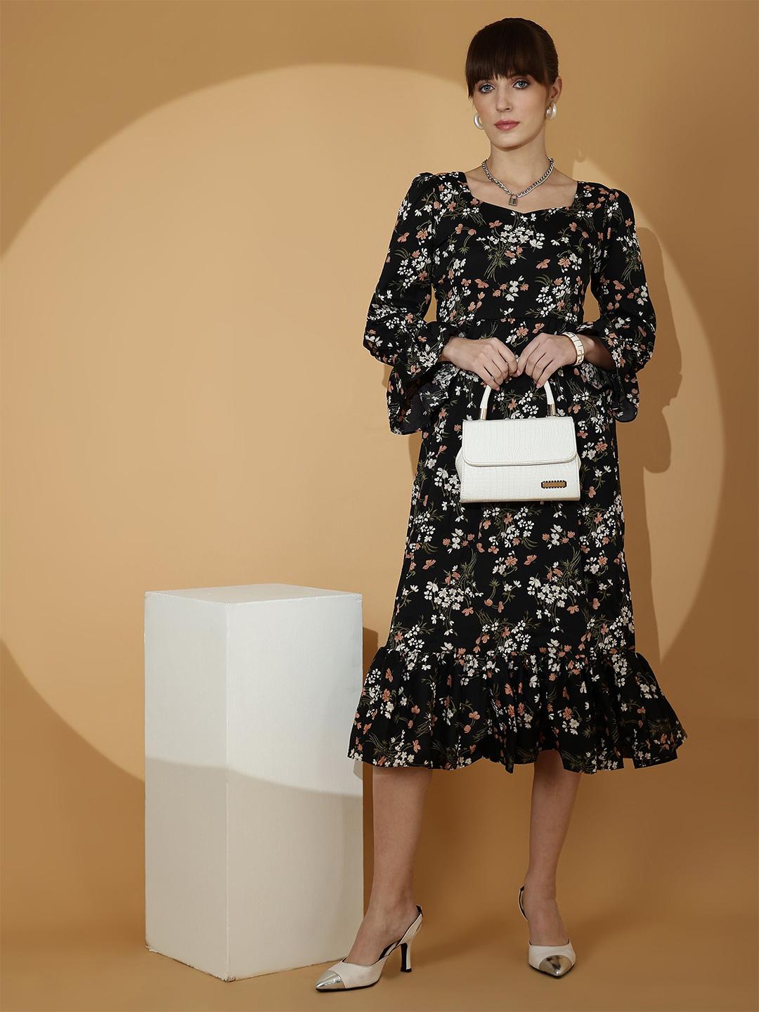 Buy De La Moda Floral Print Flared Sleeve Crepe Fit & Flare Midi Dress ...