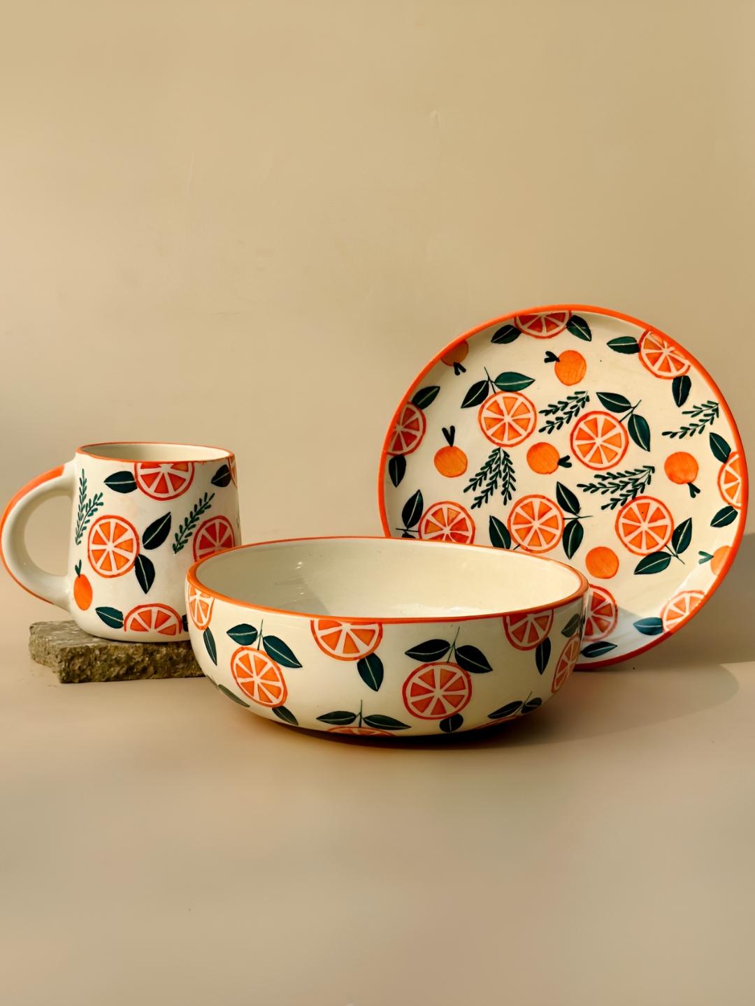 Buy NURTURE INDIA Narangi Orange Colored 3 Pieces Ceramic Glossy Dinner ...