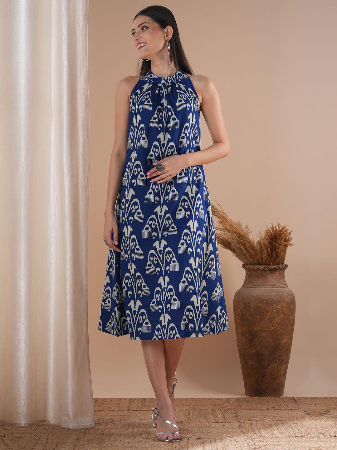 Buy KAMI KUBI Ethnic Motifs Print Halter Neck Cotton A Line Midi Dress ...