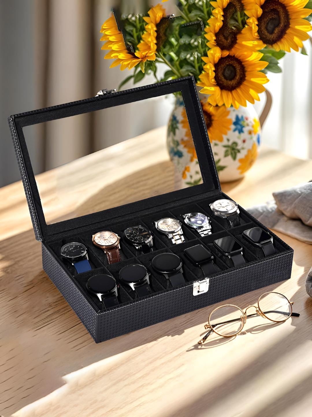 Buy Aura Black Premium Faux Leather See Through Watch Holder 12 Slots ...