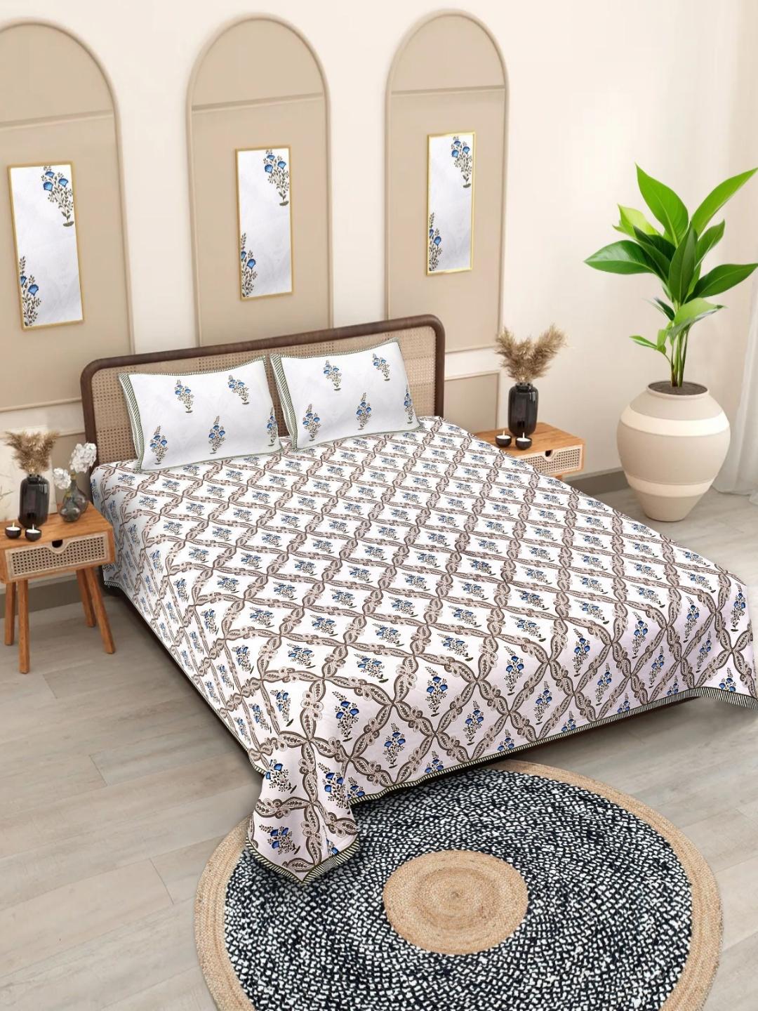 Buy Texstylers White Floral Cotton 210 TC Queen Fine Bedsheet With 2 ...