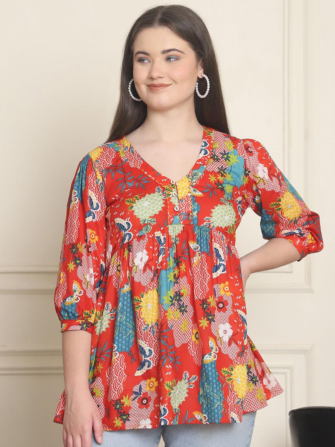Buy Frempy Floral V Neck Organic Cotton Empire Top - Tops for Women ...
