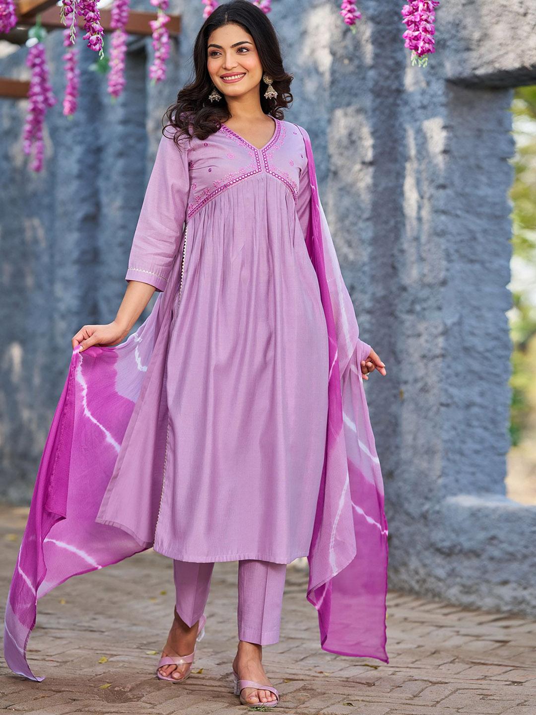Buy VIBE VISION Floral Yoke Design V Neck Mirror Work Anarkali Kurta ...