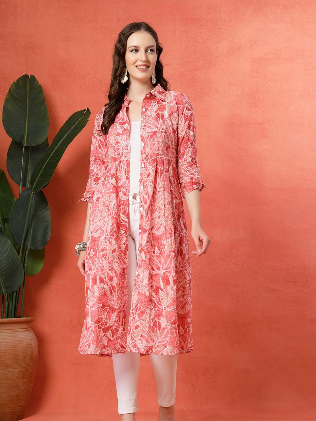 Buy LARGISH Floral Printed Shirt Collar Cotton Shrug - Shrug for Women ...