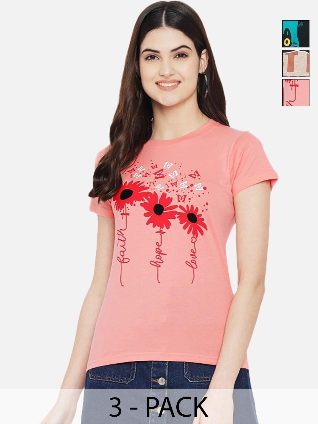 Buy Tromko Women Pack Of 3 Graphic Printed Round Neck Cotton Regular ...