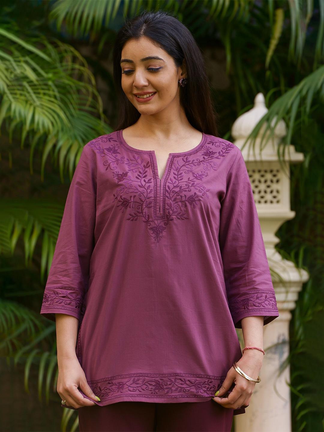 Buy INAAYA JAIPUR Women Embroidered V Neck Thread Work Pure Cotton ...