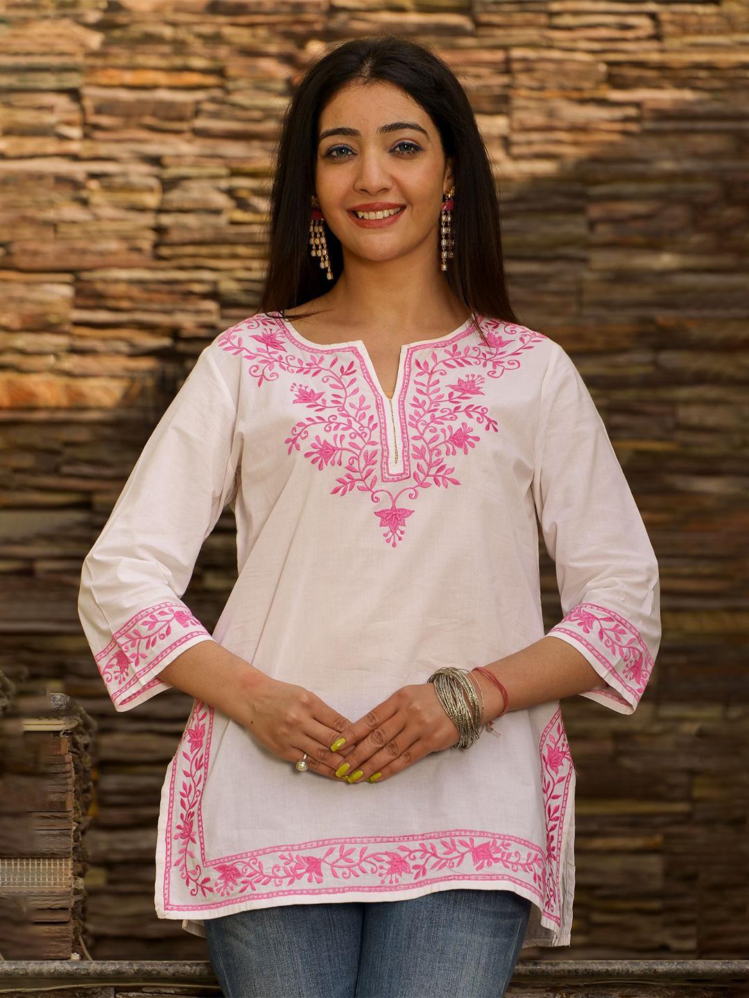 Buy INAAYA JAIPUR Women Embroidered Pure Cotton Thread Work Kurti ...
