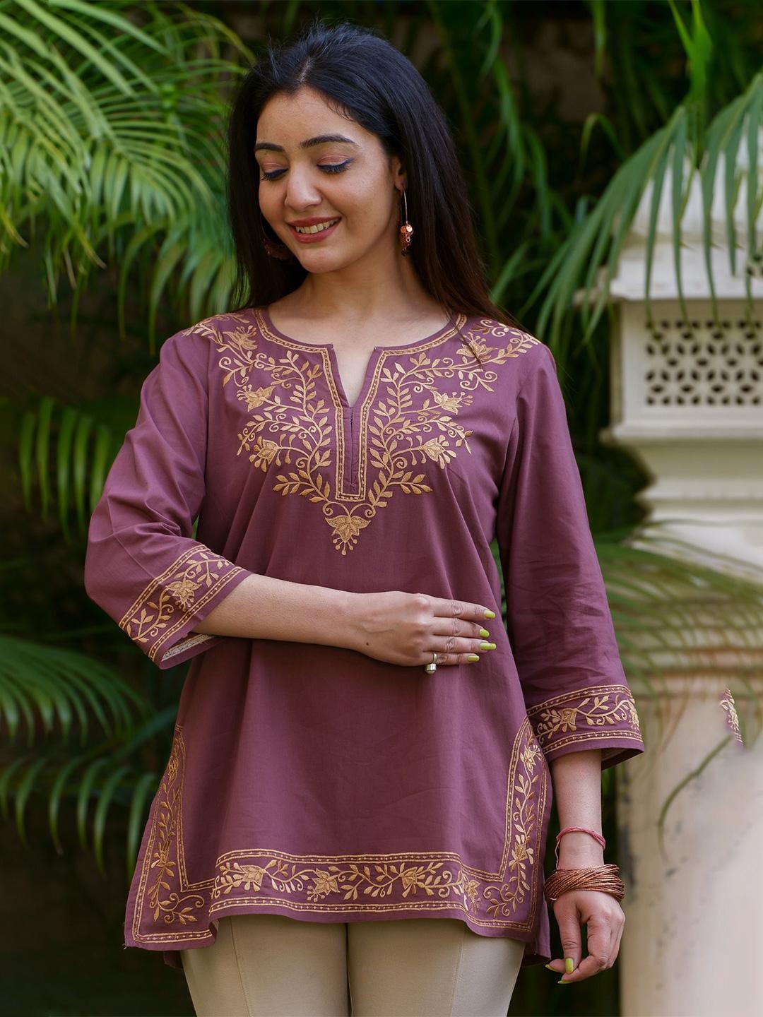 Buy INAAYA JAIPUR Women Embroidered V Neck Thread Work Pure Cotton ...