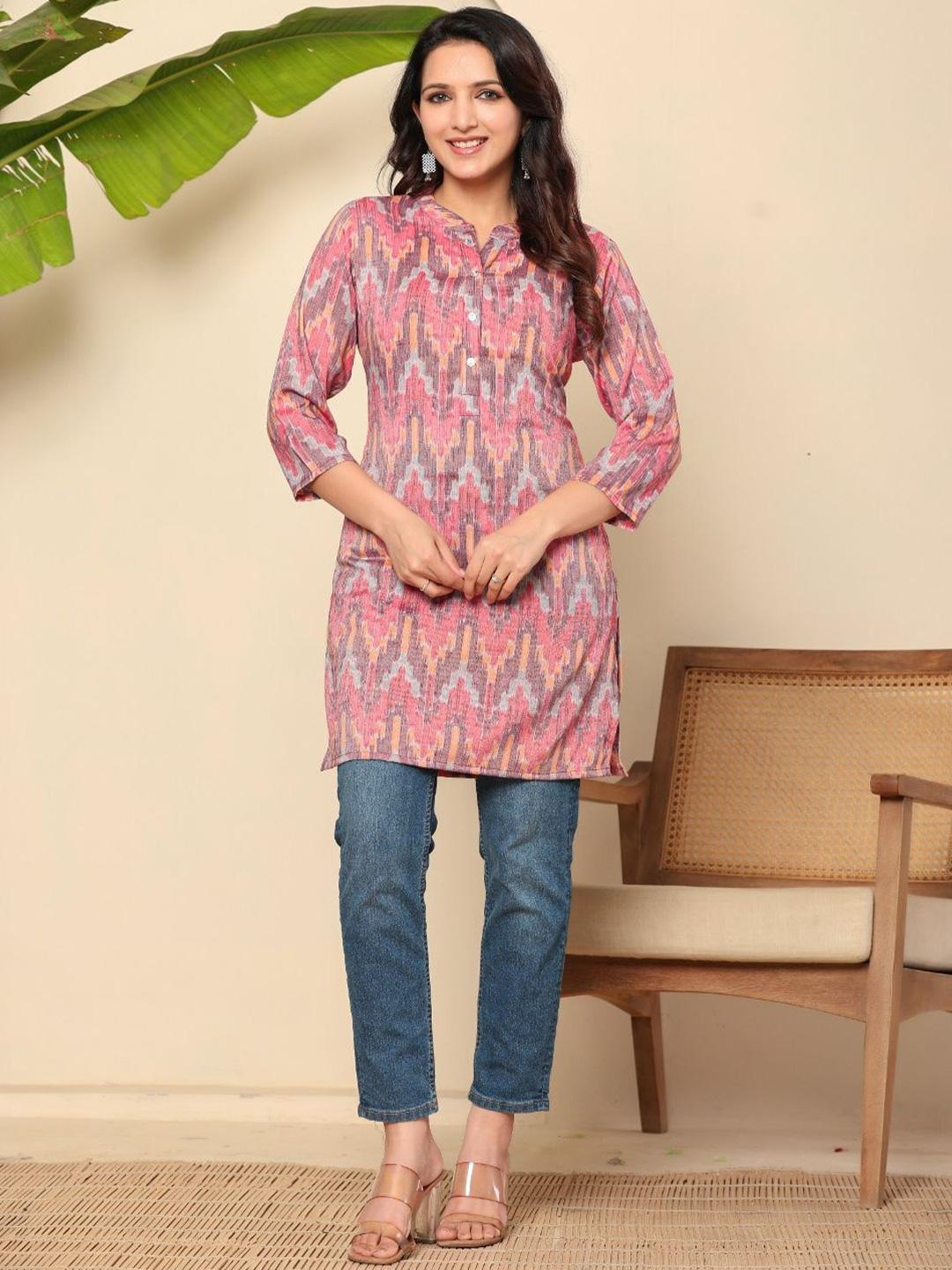 Buy FLAMBOYANT Women Print Mandarin Collar Three Quarter Sleeves Cotton ...