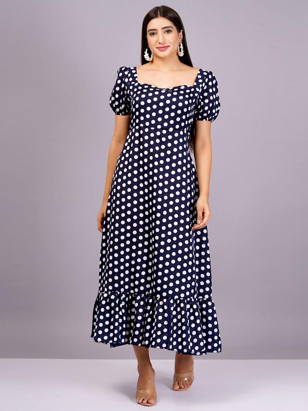 Buy OH MI DIOS Polka Dot Print Square Neck Puff Sleeve Fit & Flare Midi ...