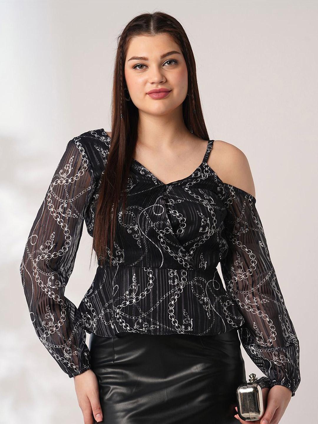 Buy Globus Abstract Print V Neck One Shoulder Bishop Sleeves Peplum ...