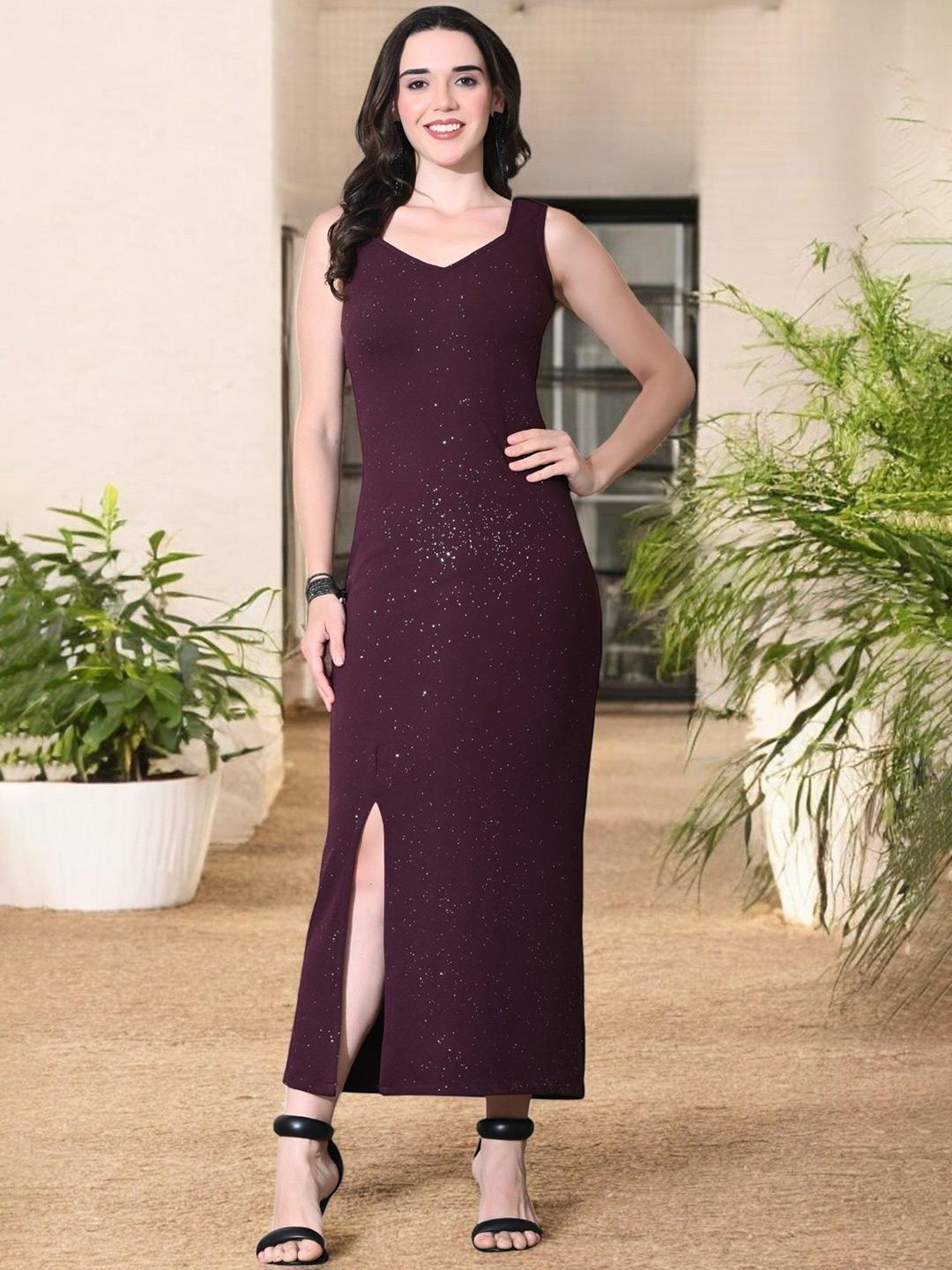 Buy ZEUGEN Solid Bodycon Slits Detail Sheen Maxi Dress - Dresses for ...