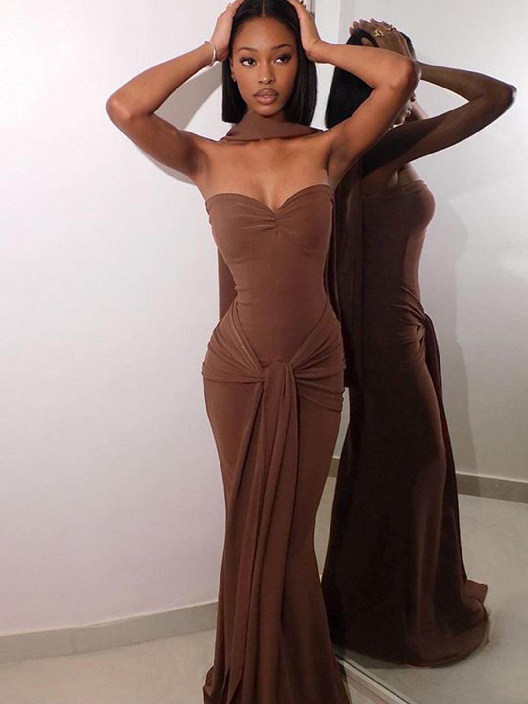 Buy MIAKEE Women Brown Strapless Fitted Maxi Dress - Dresses for Women ...