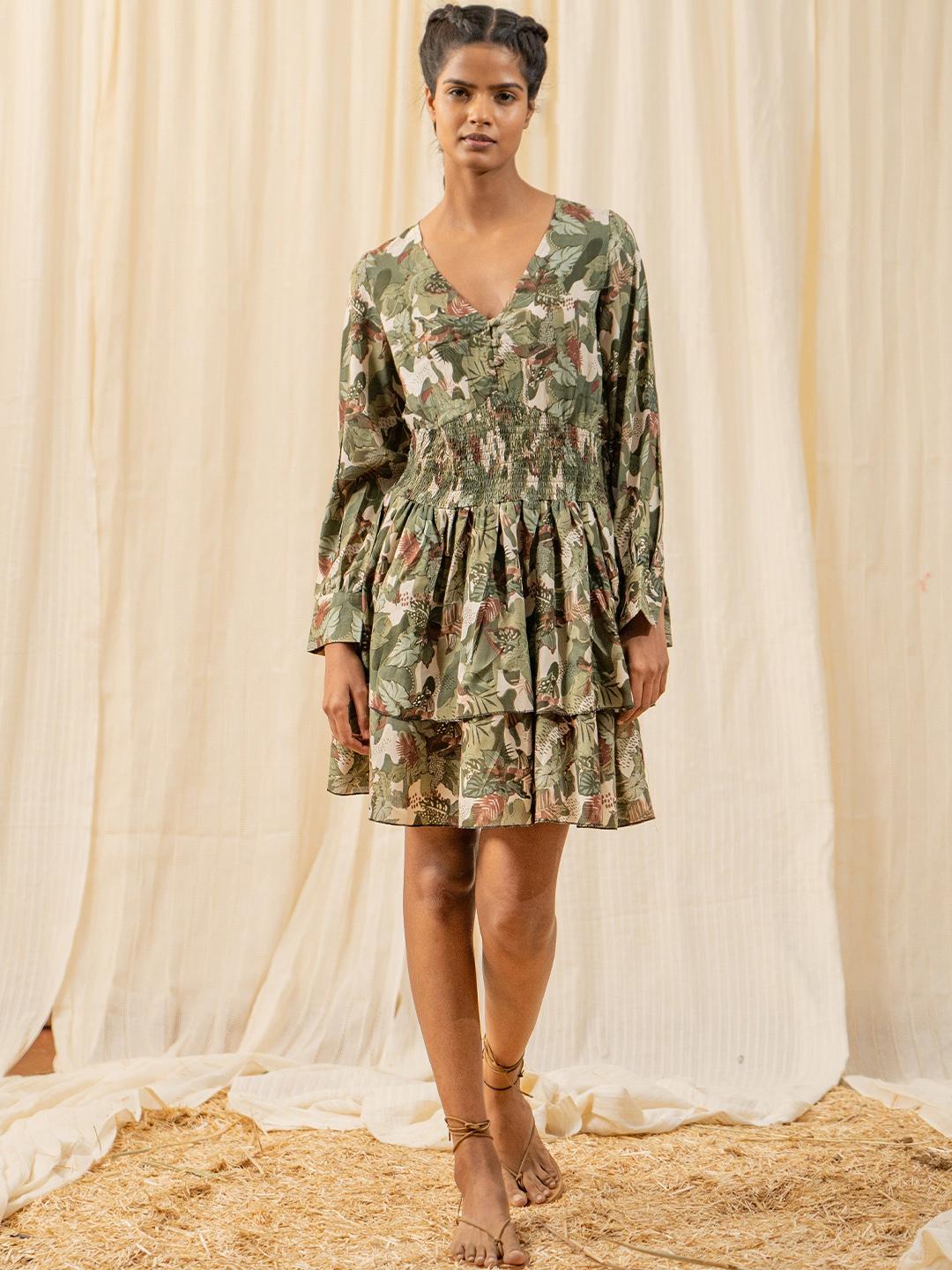 Buy Label Reyya Floral Print Smocked Tiered Fit & Flare Above Knee ...