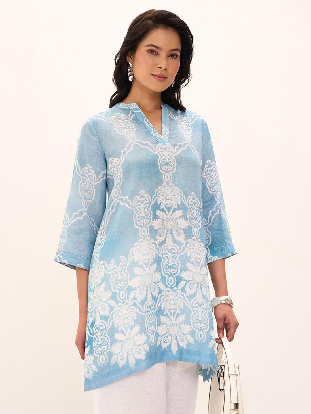 Buy Marigold Lane Linen Mandarin Collar Printed Tunic - Tunics for ...