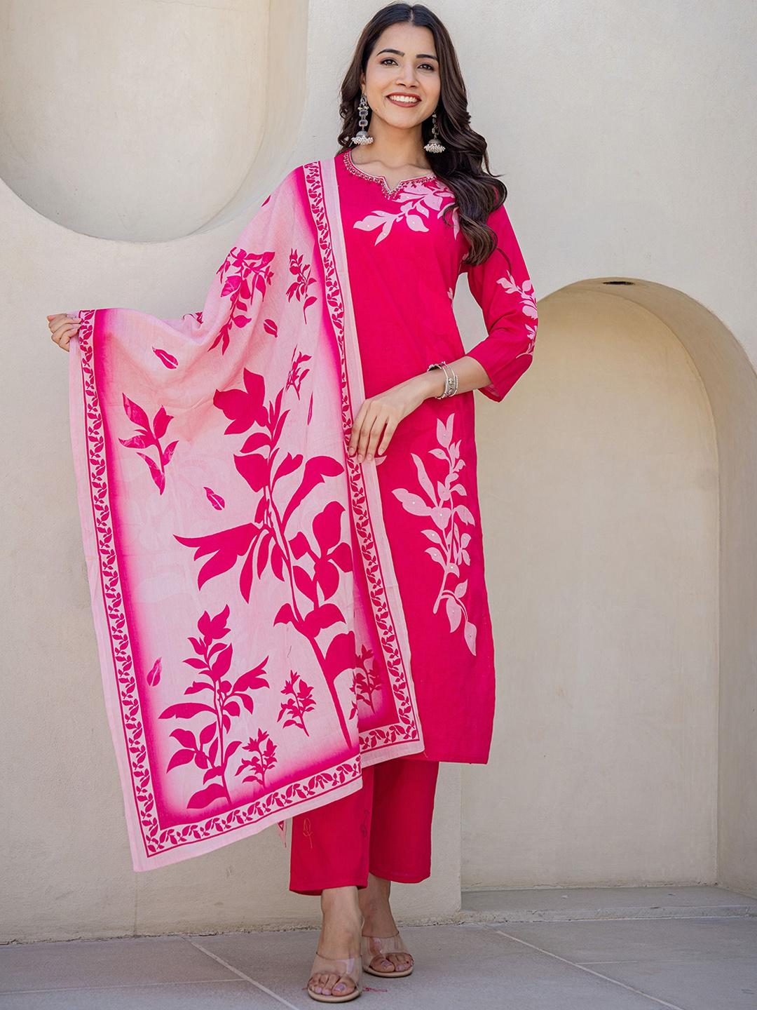 Buy HOUSE OF MORA Women Floral Printed Regular Pure Cotton Kurta With ...