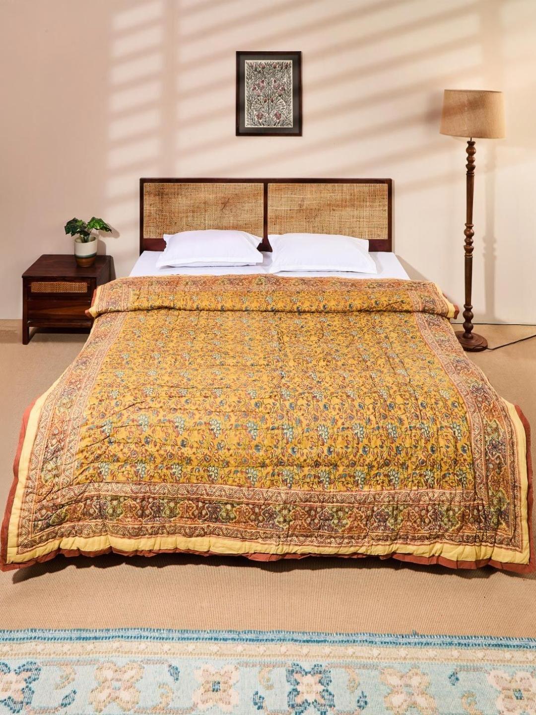 Buy Fabindia Yellow & Blue Floral AC Room Double Bed Quilt - Blankets ...