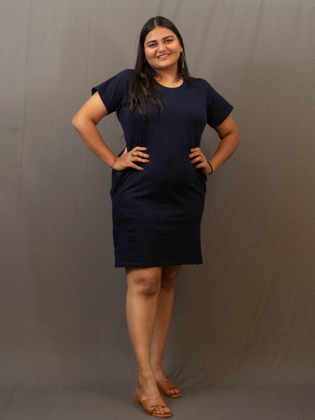 Buy GlamZei Women Navy Blue Solid Round Neck Cotton Knee Length ...