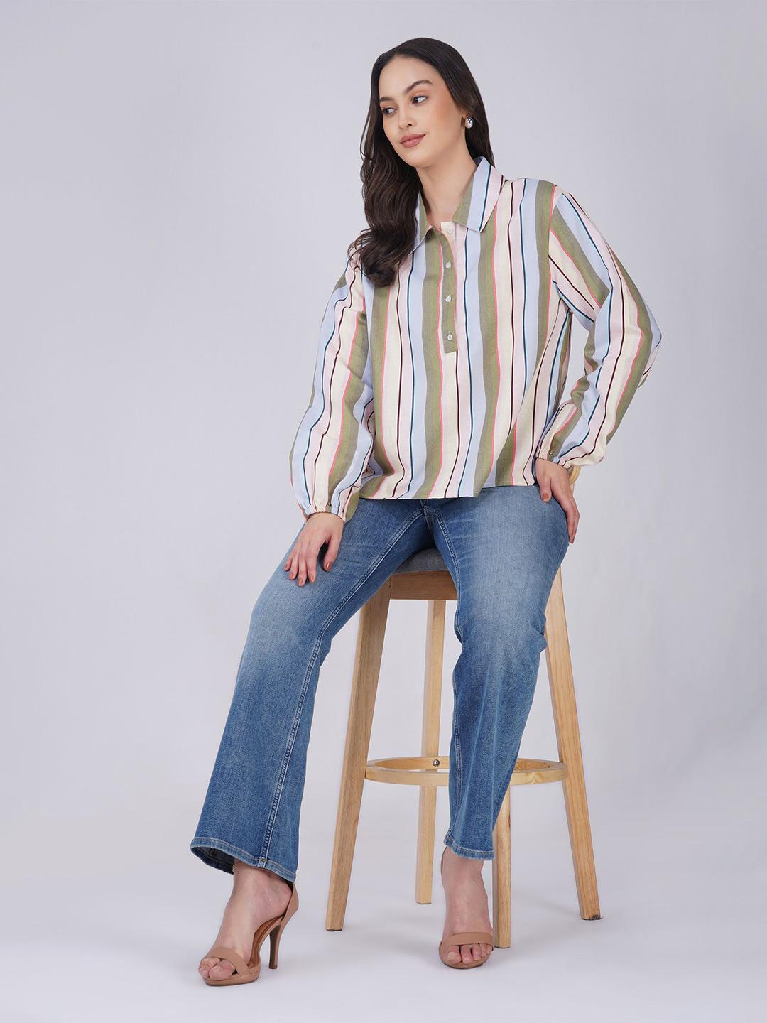 Buy Avor Lifestyle Striped Puff Sleeve Linen Shirt Style Top - Tops for ...