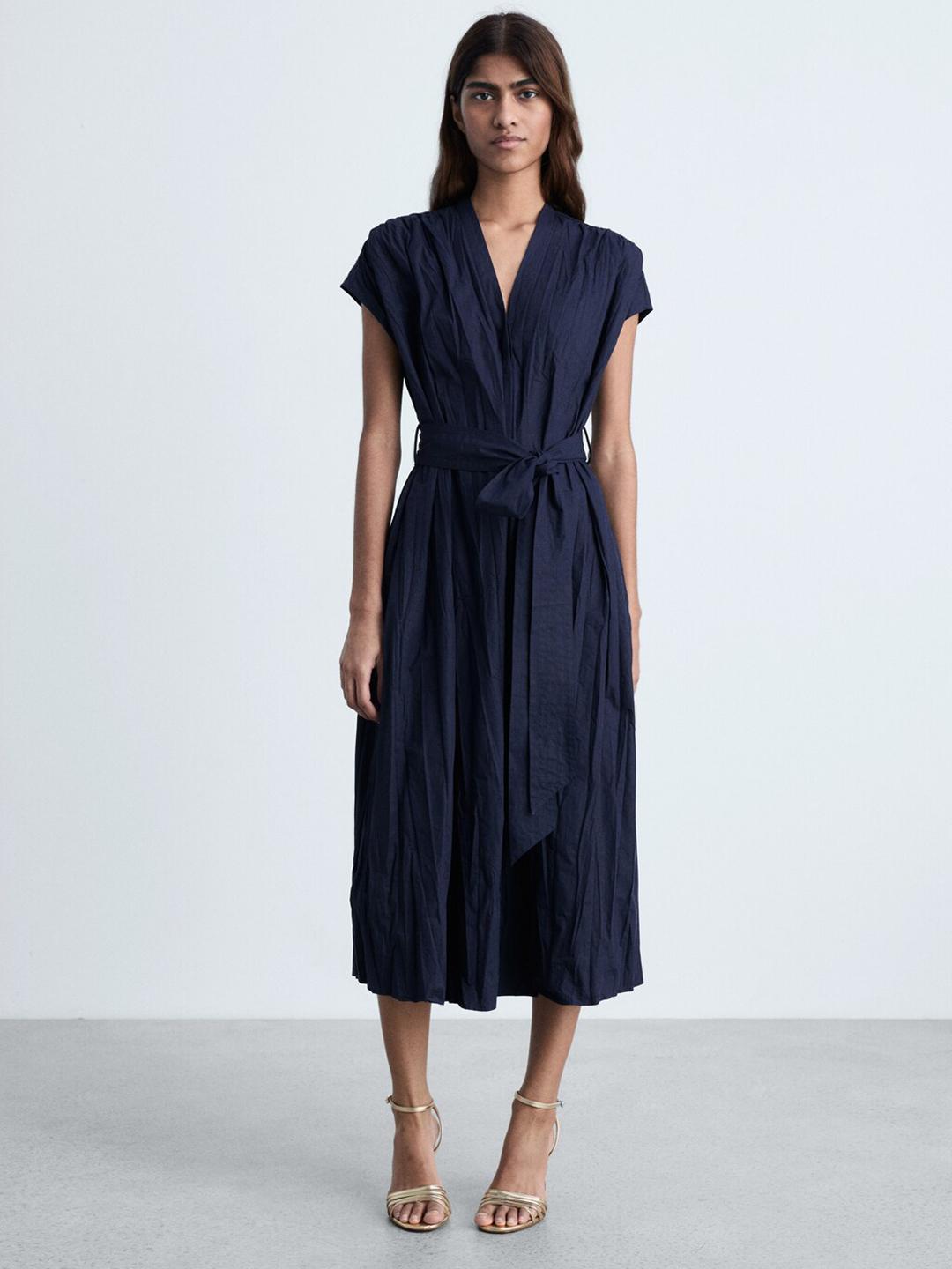 Buy MANGO Crinkled Effect V Neck Belted Detail Front Open A Line Midi ...