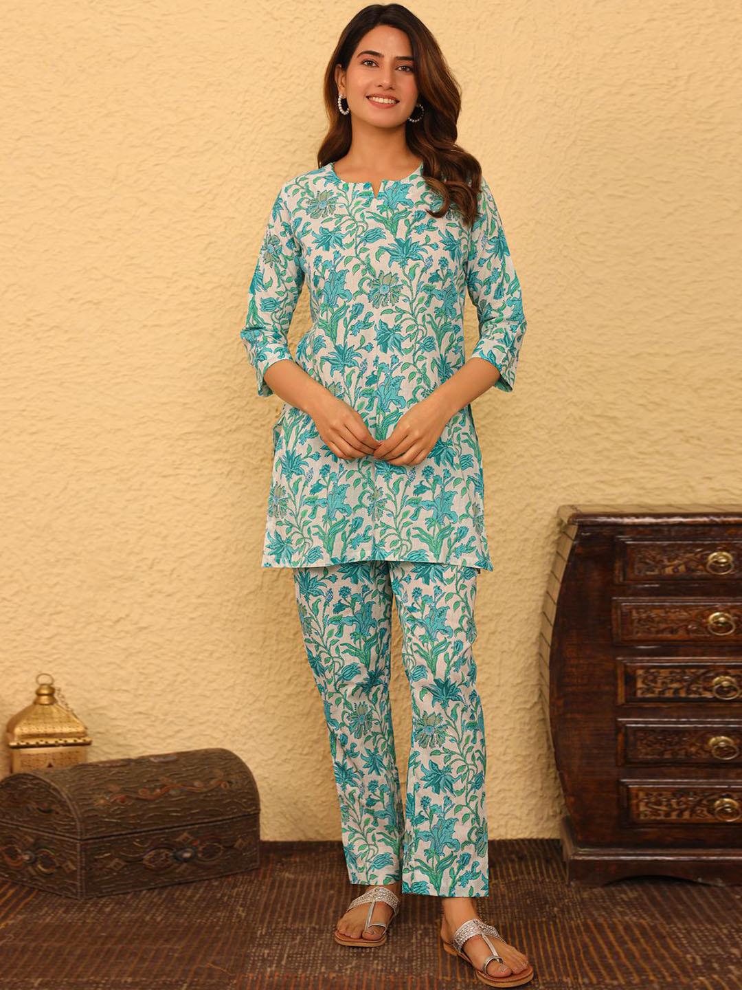 Buy Kwatchi Turquoise Blue Printed Cotton Tunic & Trousers Co Ords - Co ...