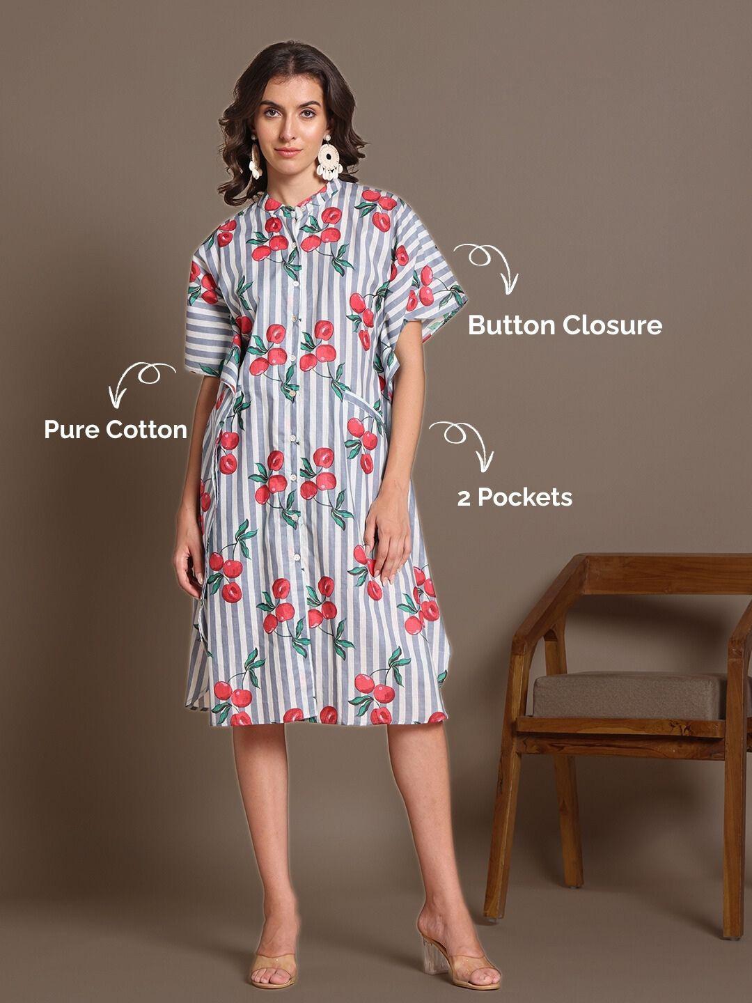 Buy Safeera Women Cherry Striped Cotton Loose Fit Kaftan Midi Dress ...