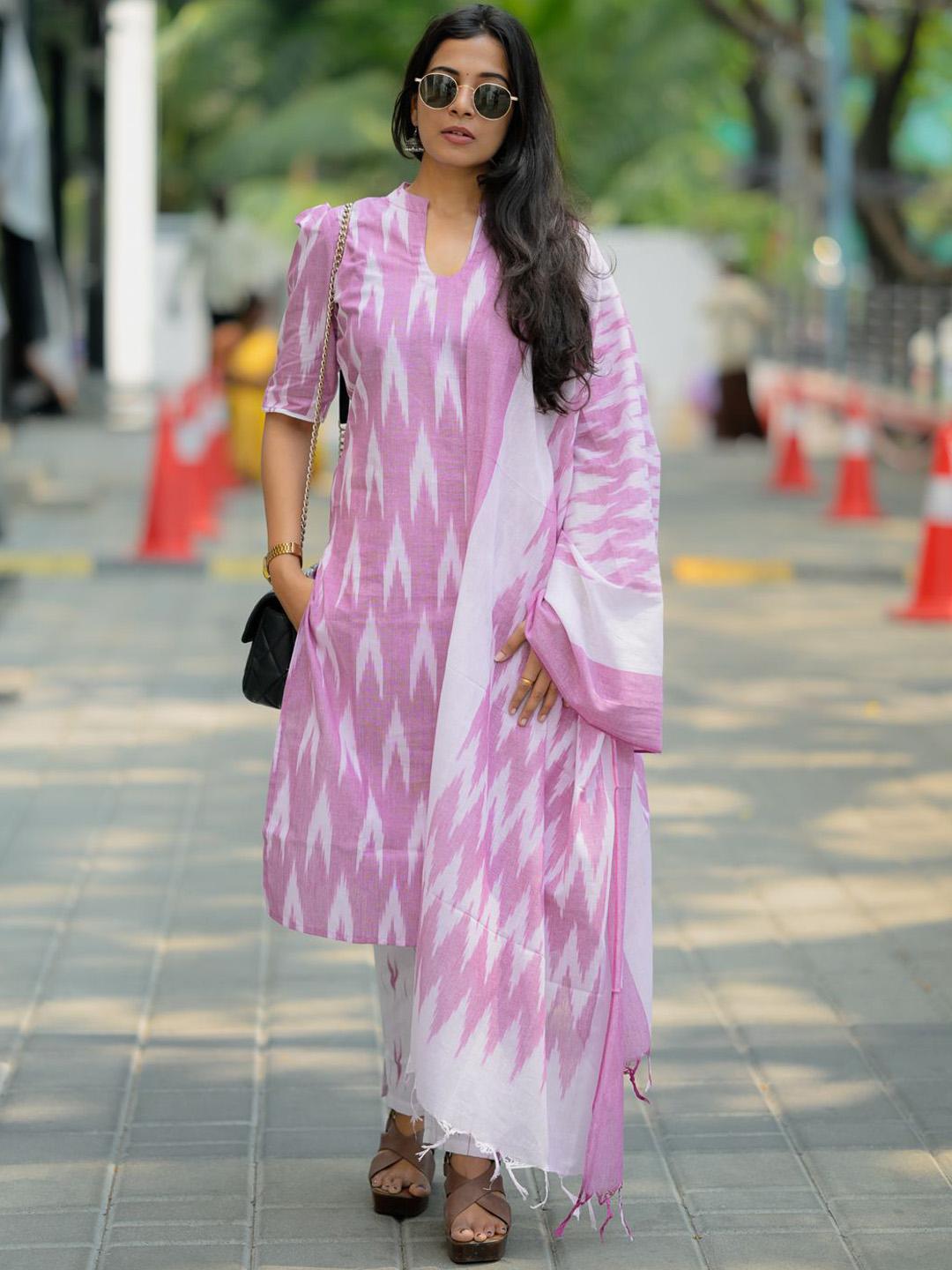 Buy Vastara The Label Women Pink Handloom Ikkat Cotton Suit Set - Kurta ...