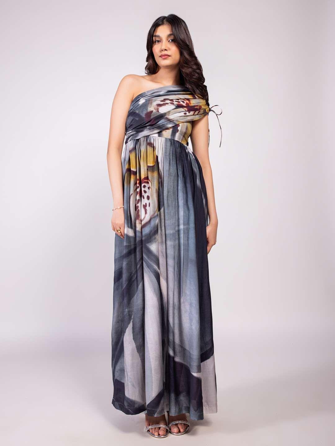 Buy POPPI Abstract Printed One Shoulder Maxi Dress - Dresses for Women ...