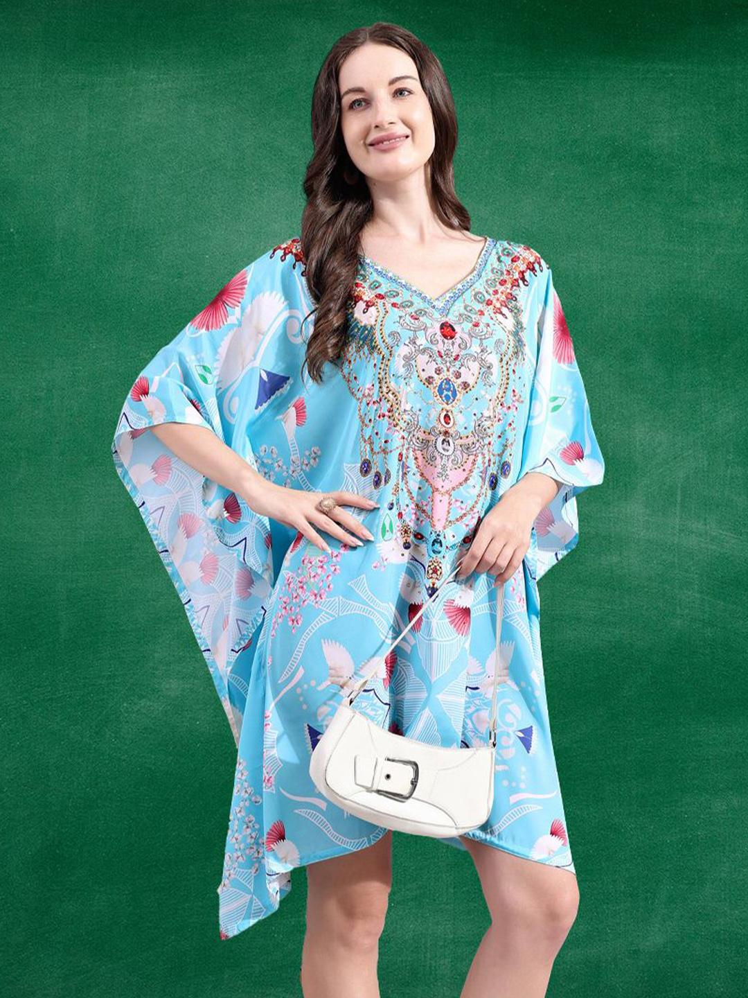 Buy KWEEN Women Floral Print Flared Sleeve Satin Kaftan Dress - Dresses ...