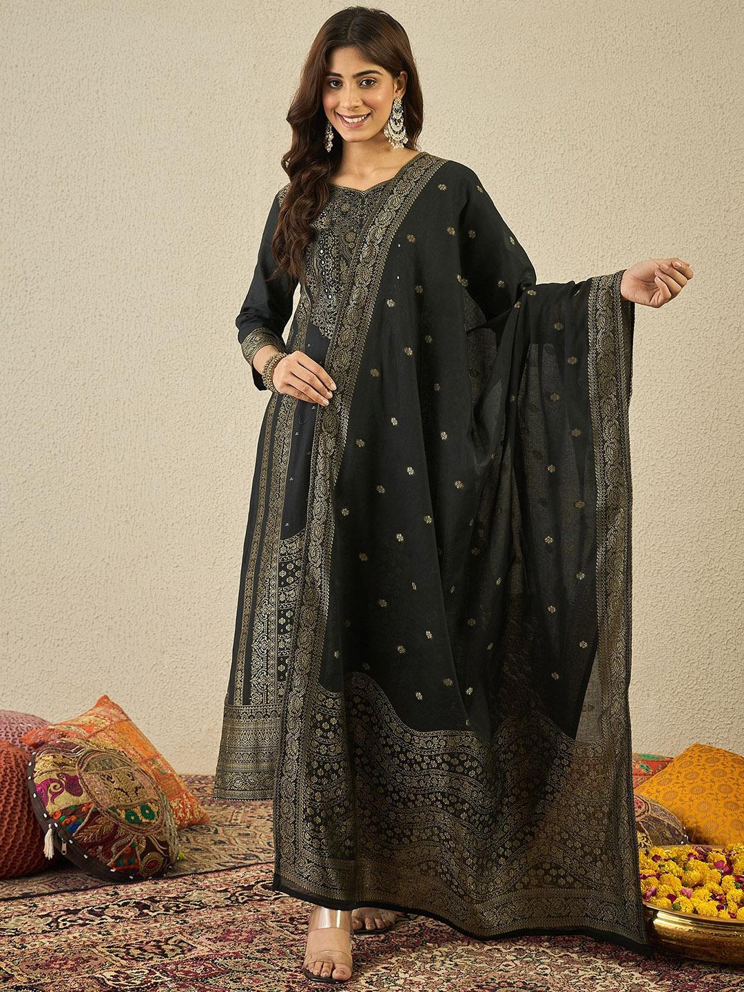 Buy Inddus Women Cotton Jacquard Hand Embroidered Kurta Set With ...