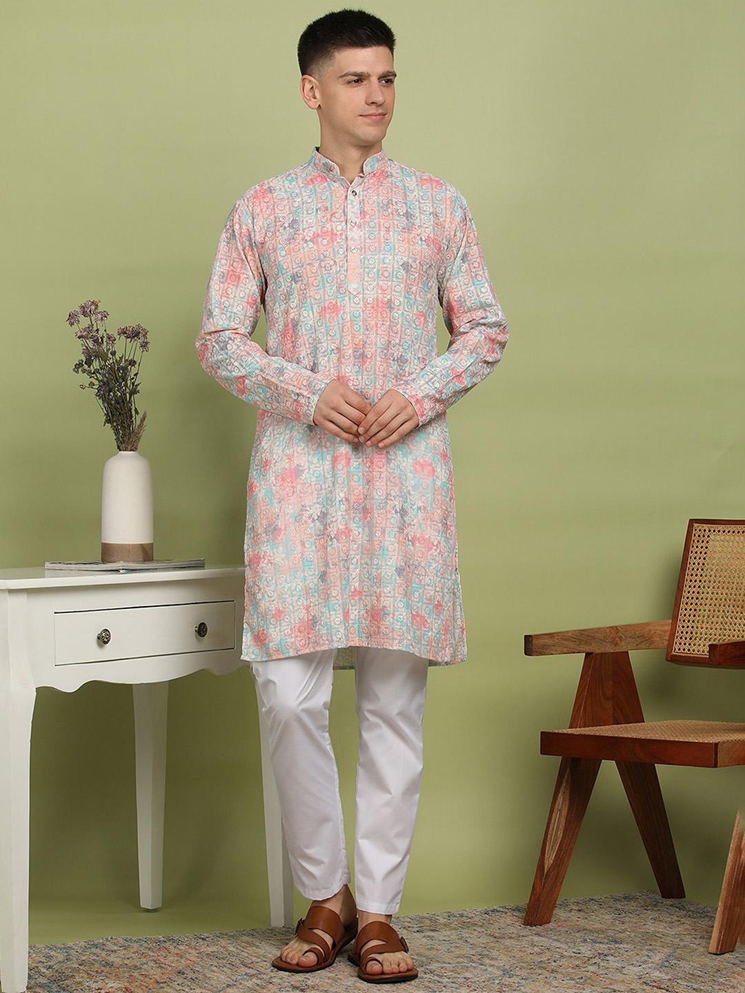 Buy FUBAR Men Floral Embroidered Kurta With Pyjamas - Kurta Sets for ...