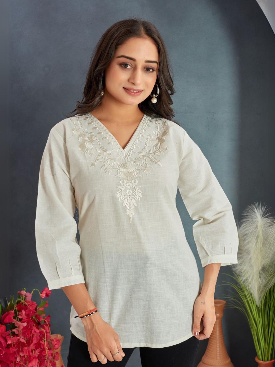 Buy Moda Rapido Floral Embroidered V Neck Cotton Tunic - Tunics for ...