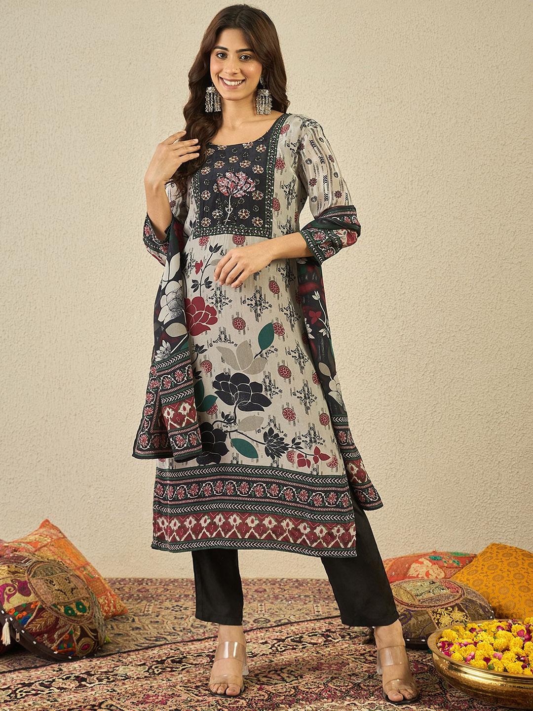 Buy Inddus Women Floral Printed Hand Embroidered Kurta Set With Dupatta ...
