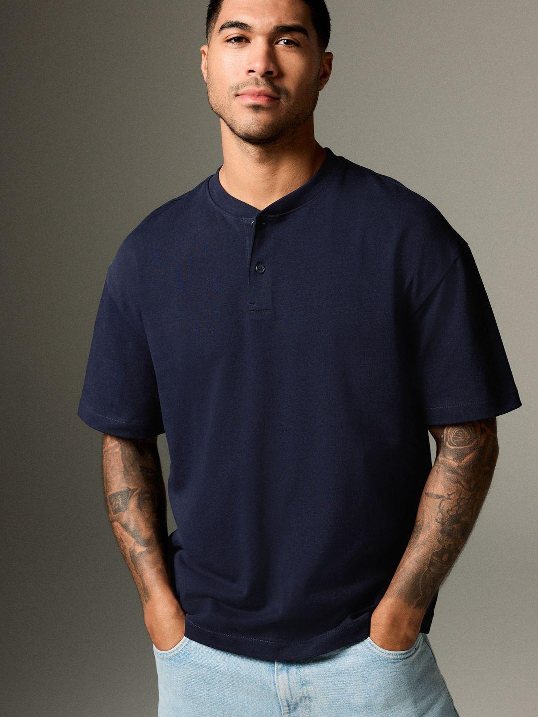 Buy NEXT Henley Neck Drop Shoulder Sleeves Pure Cotton Relaxed Fit T ...