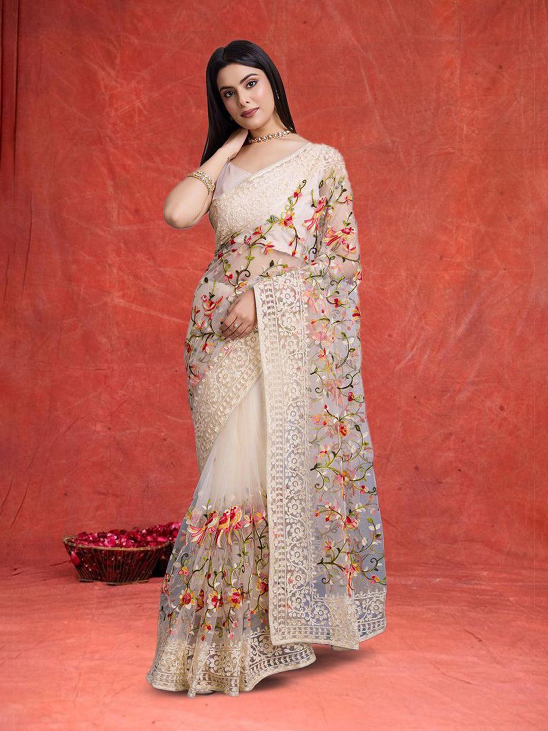 Buy Rang By Indya Ethnic Motifs Embroidered Net Saree - Sarees for ...