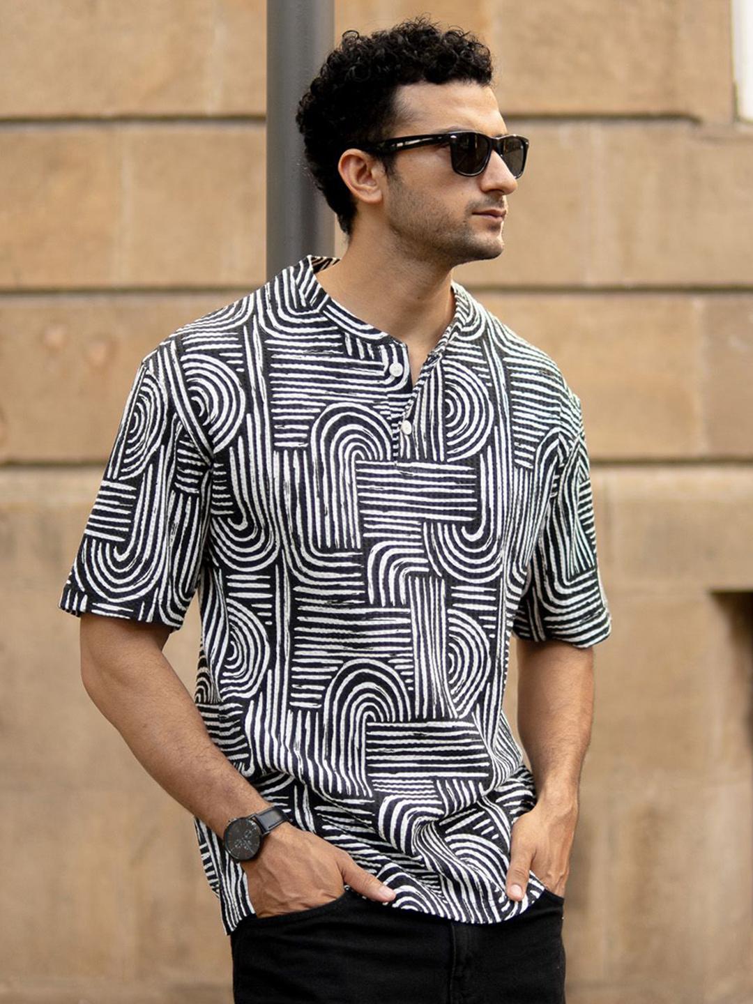 Buy Powerlook Geometric Printed Henley Neck Drop Shoulder Sleeves ...