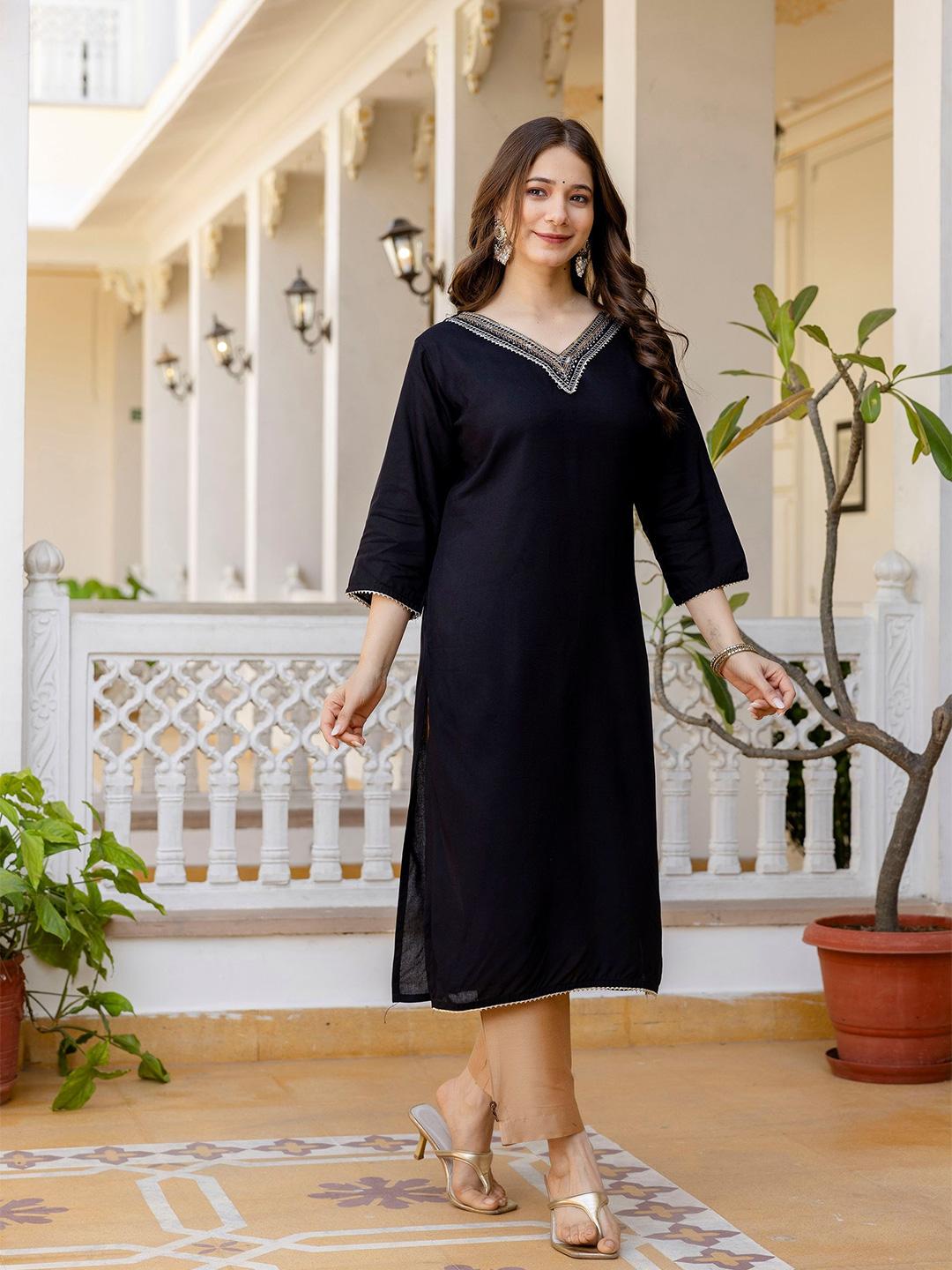 Buy SURHI Yoke Design V Neck Straight Kurta - Kurtas for Women 34222457 | Myntra