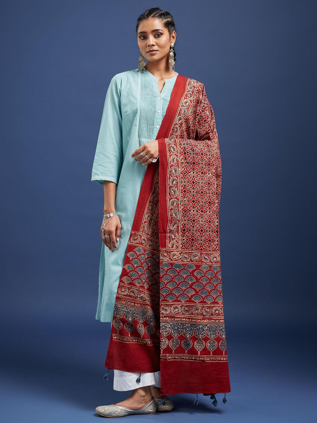 Buy Taavi Ethnic Motif Ajrakh Printed Pure Cotton Dupatta - Dupatta for ...
