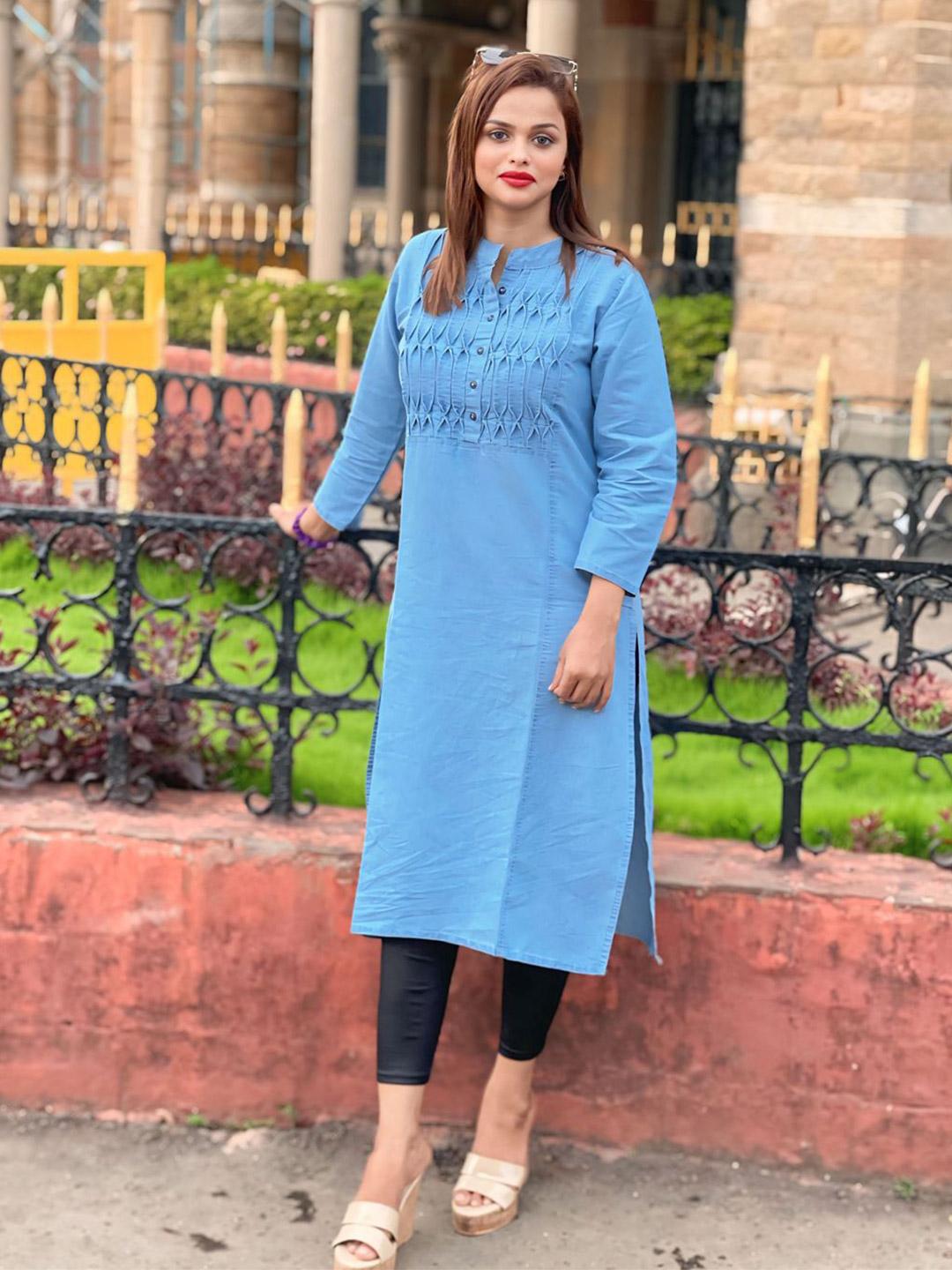 Buy SK Creation Denim Mandarin Collar Straight Kurta - Kurtas for Women ...